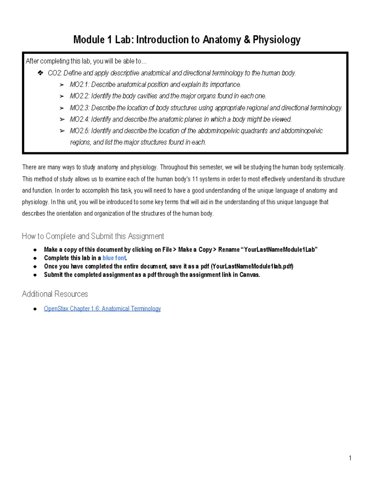 Module 1 Lab: Intro to Anatomy & Physiology (ANAT 101) - Studocu