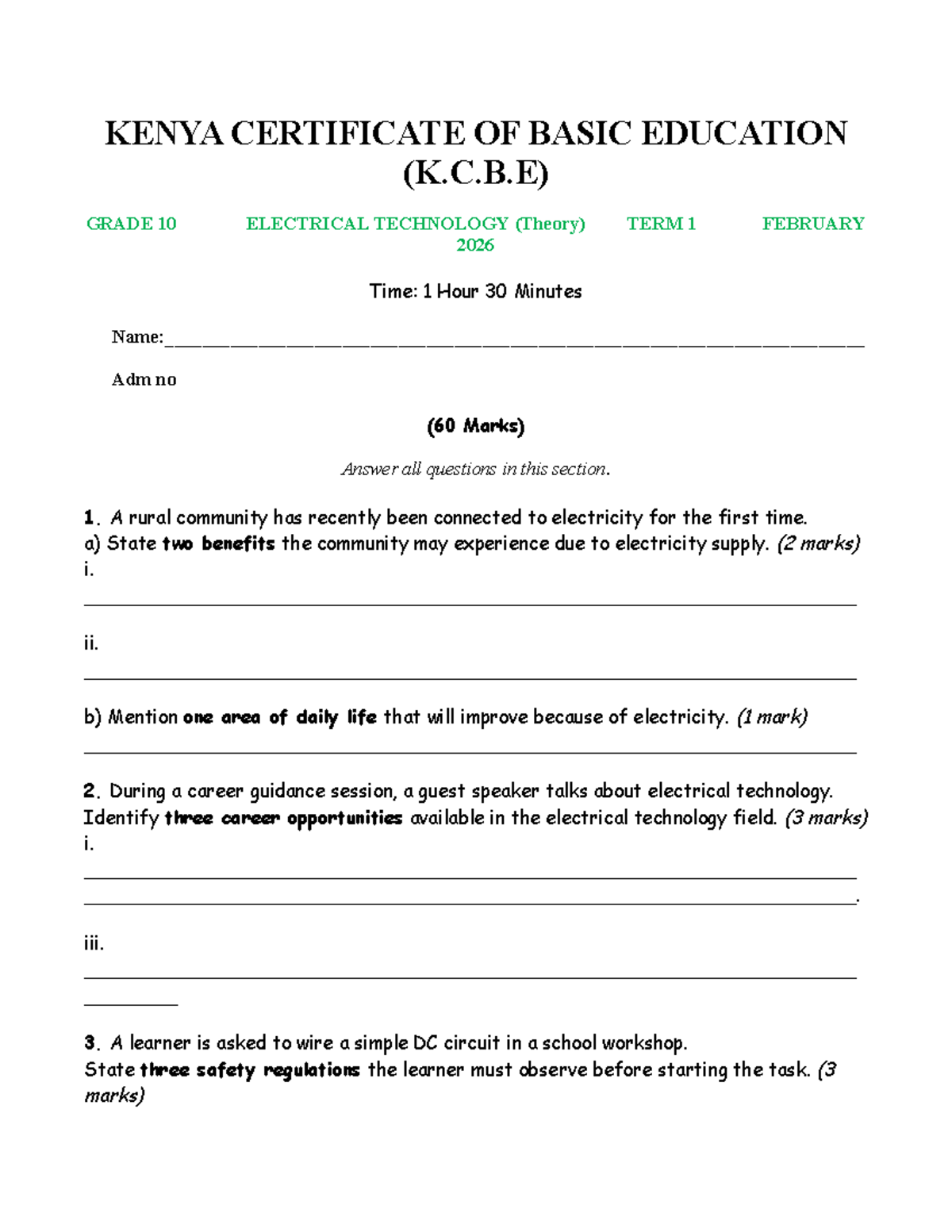 Grade 10 Electrical Technology (002) K.C.B.E Term 1 Exam 2026 - Studocu