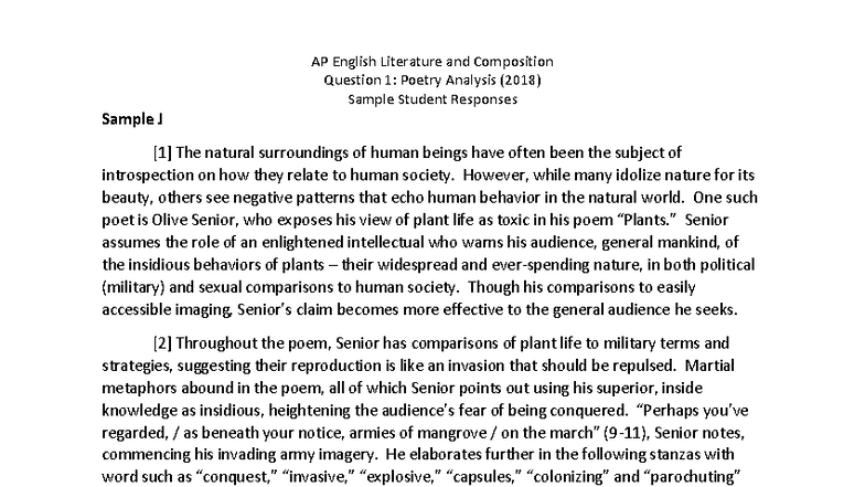 AP English Literature and Composition 2018 FRQ1 Poetry Analysis Samples ...