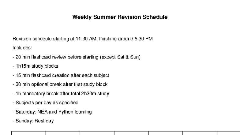 Summer Revision Schedule: Weekly Plan for NEA & Python Learning - Studocu
