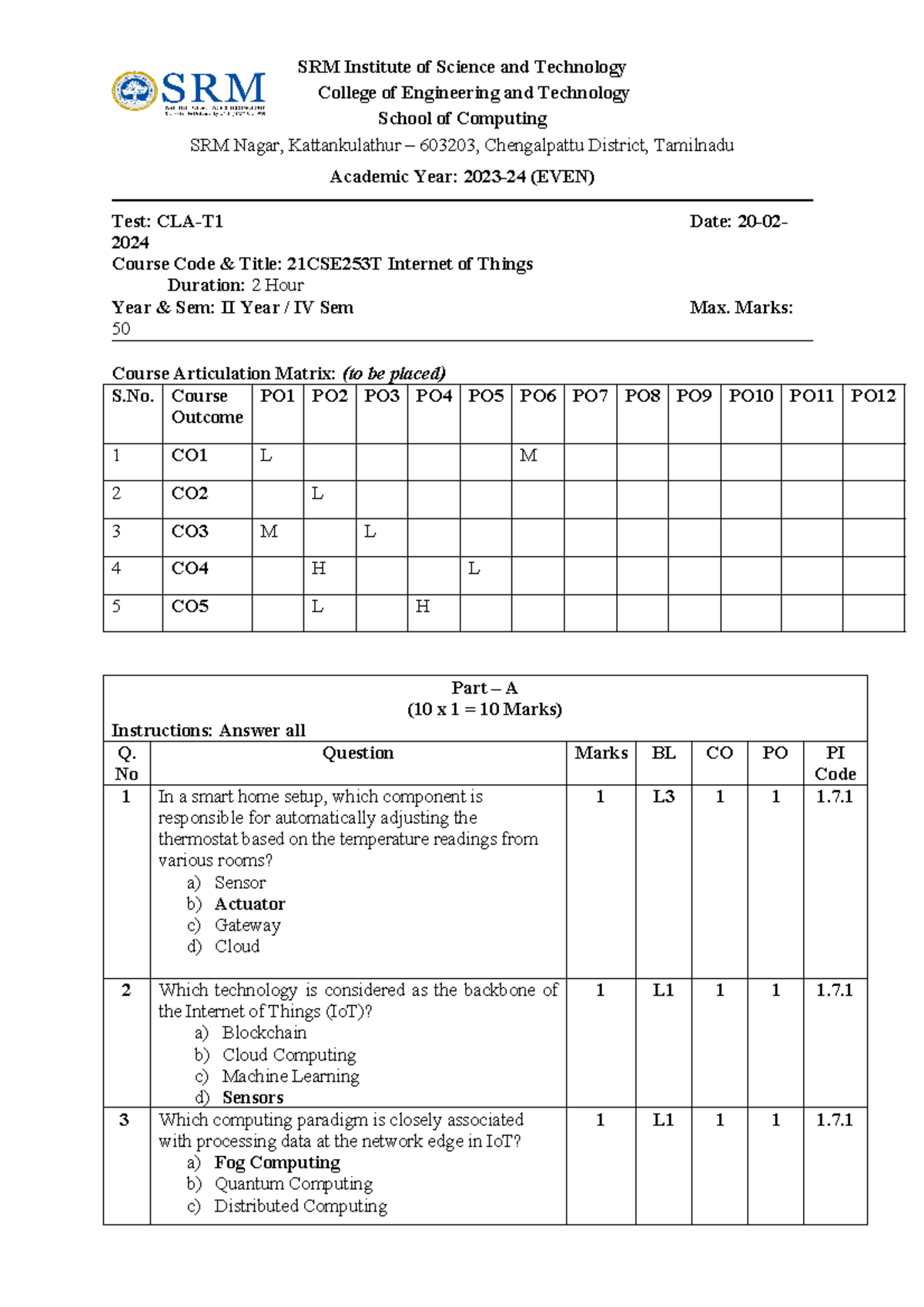 IOT CT1 SET B KEY - Academic Year 2023-24 Exam Solutions - Studocu