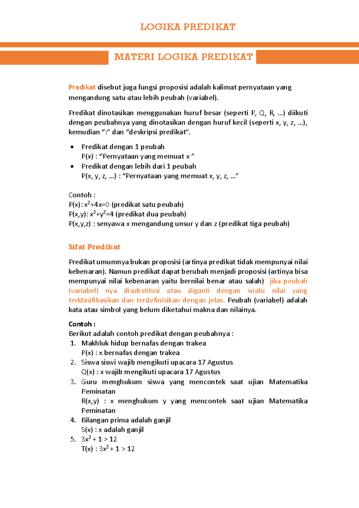 Materi Logika Predikat: Pemahaman dan Contoh dalam Proposisi - Studocu