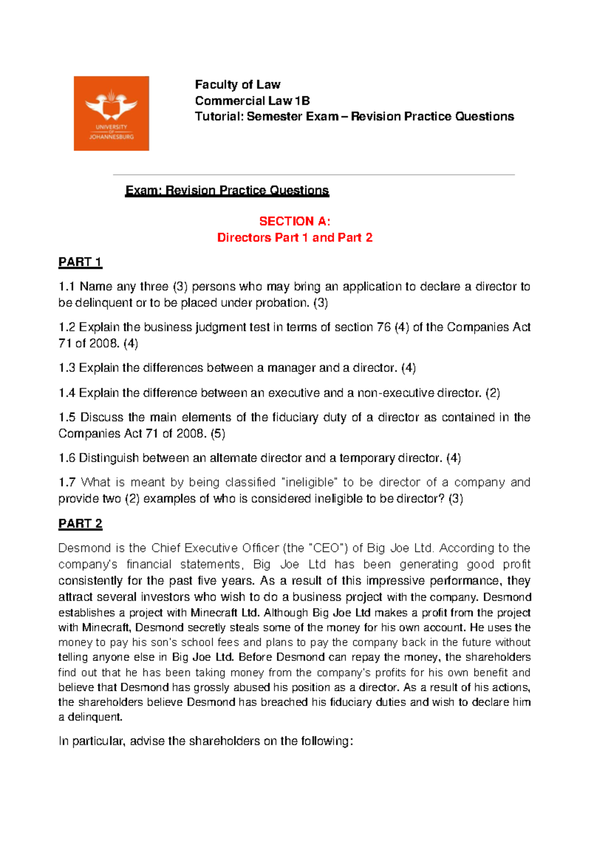 Commercial Law 1B - Exam Revision Tutorial: Practice Questions and ...