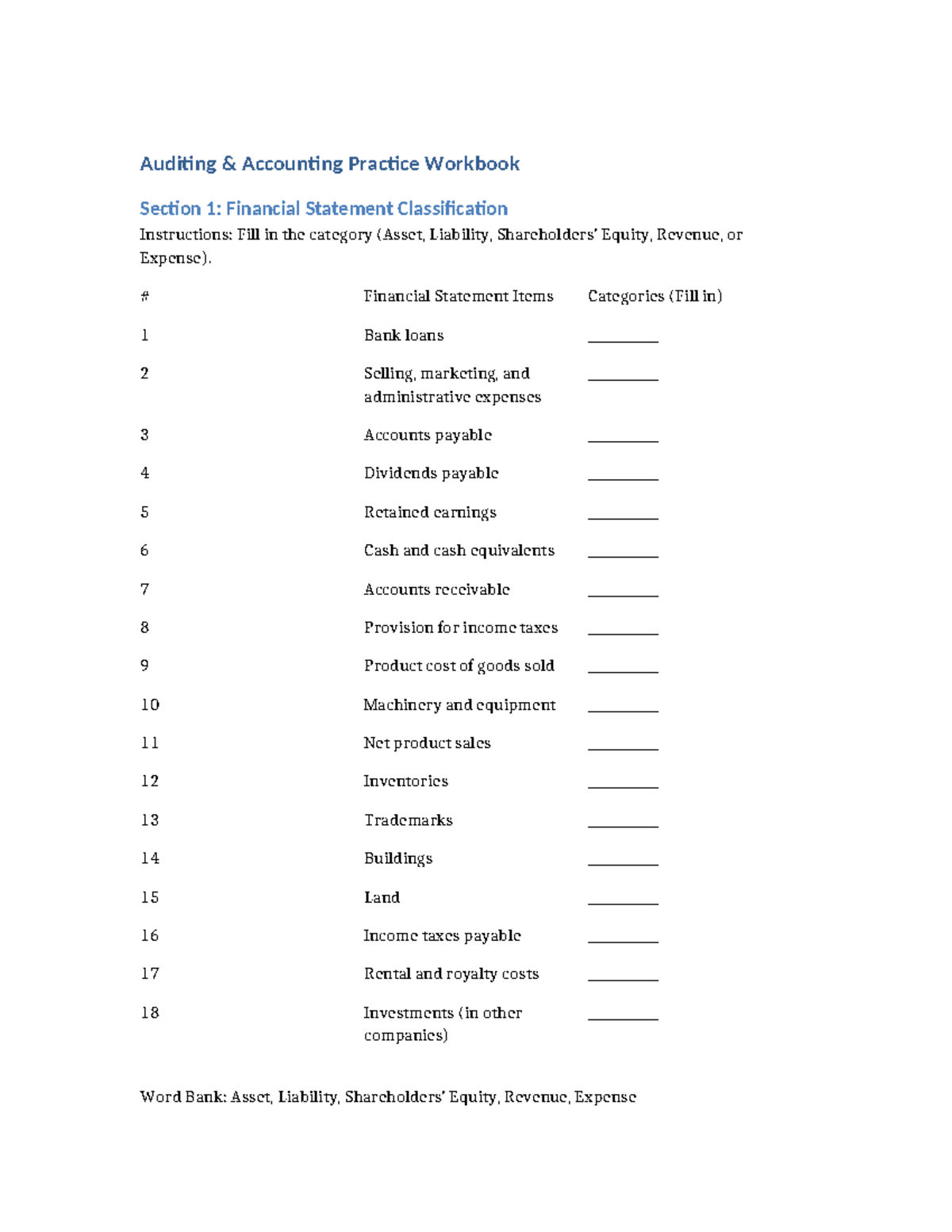 Auditing & Accounting Practice Workbook: Financial Statements ...