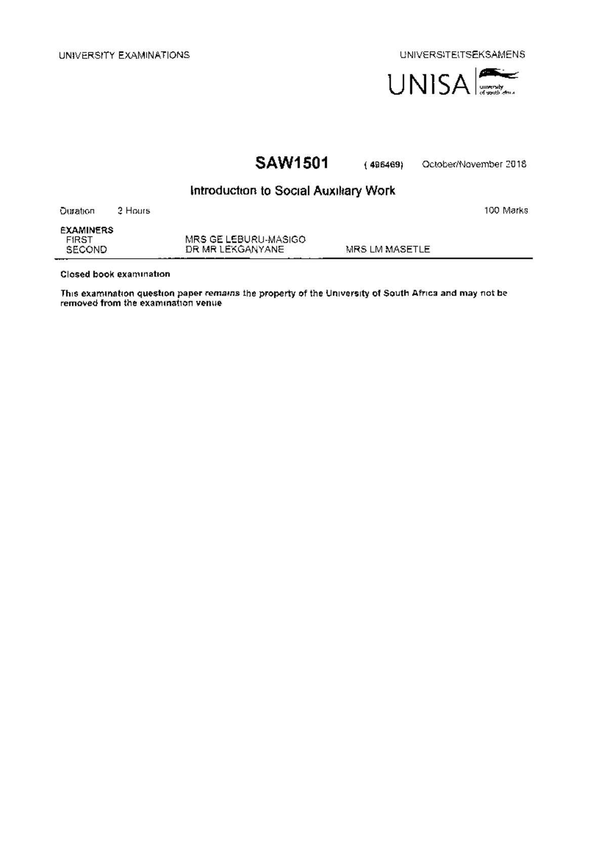 SAW1501 - Previous Exam Papers for 2018 Session - Studocu