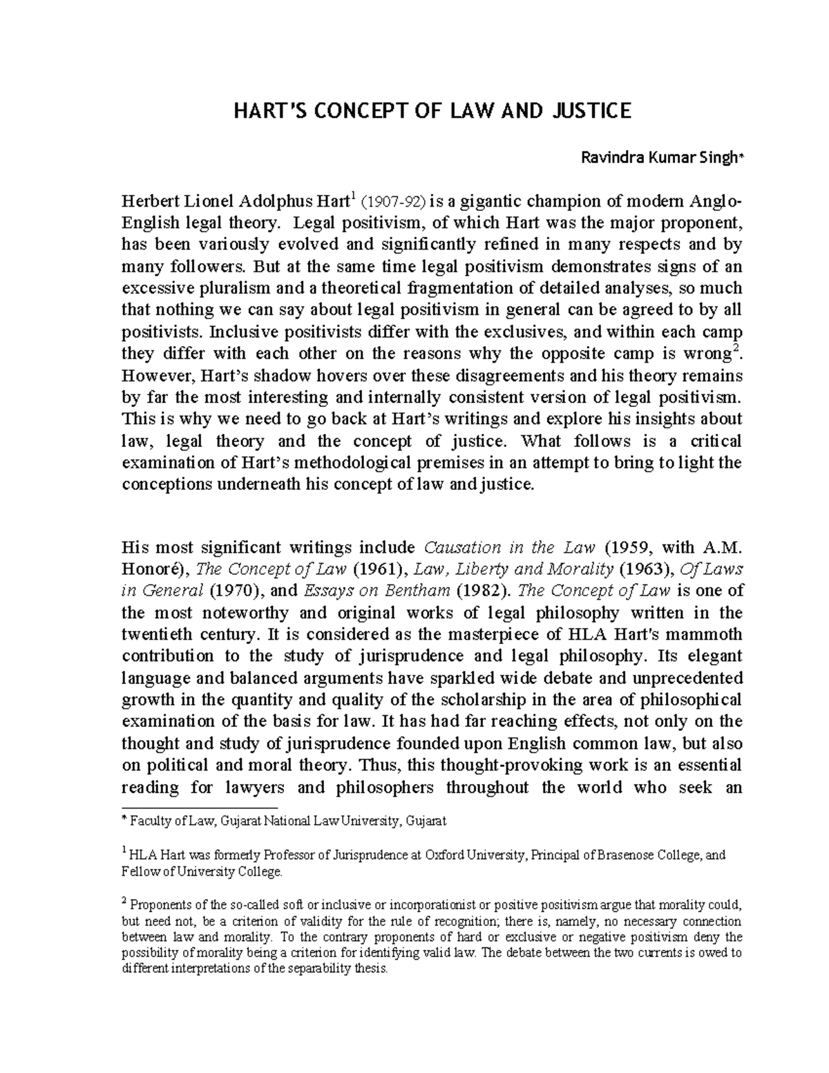 HLA 207: Summary of Hart's Concept of Law and Justice - Studocu