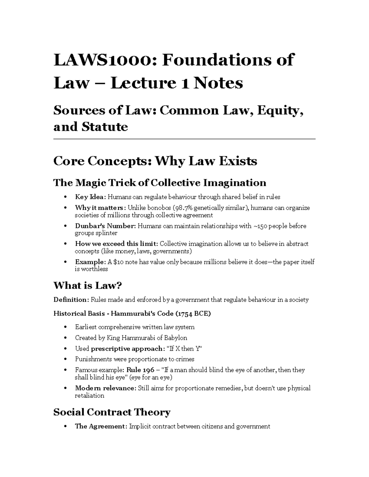LAWS1000 Lecture 1 Notes: Foundations of Law and Sources Explained ...