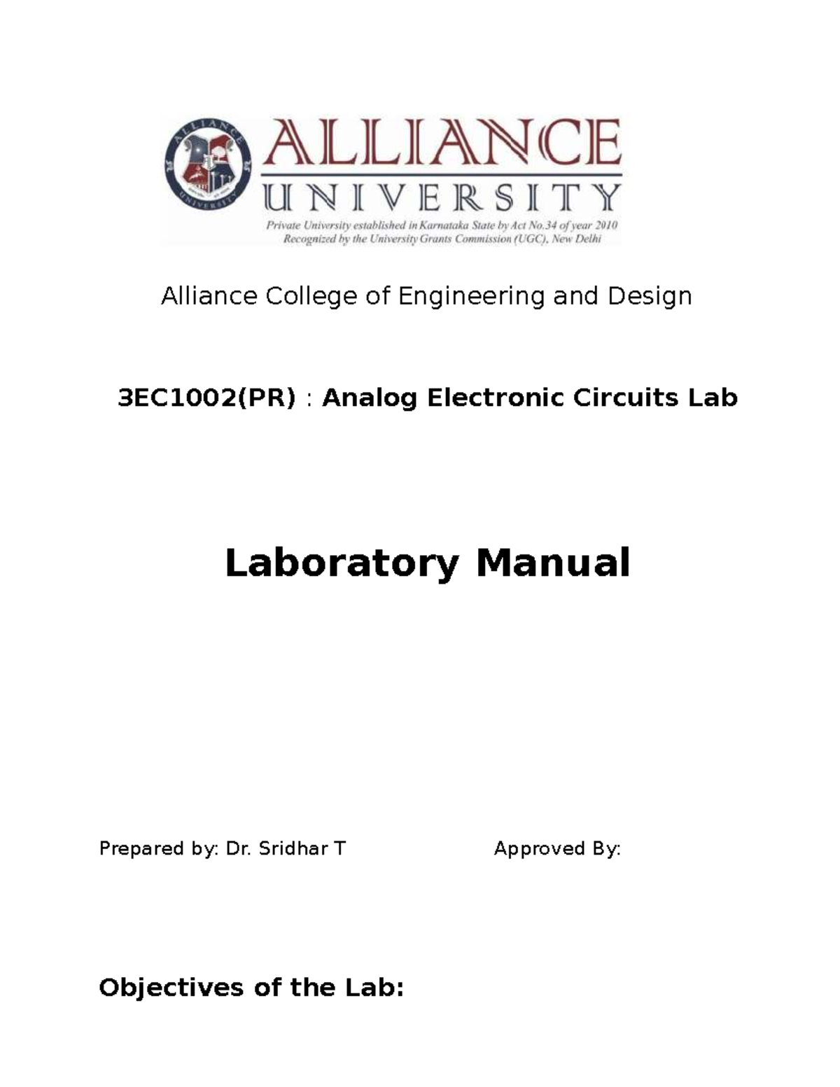 AEC Lab Manual 2024 - 3EC1002(PR): Analog Electronic Circuits Lab - Studocu