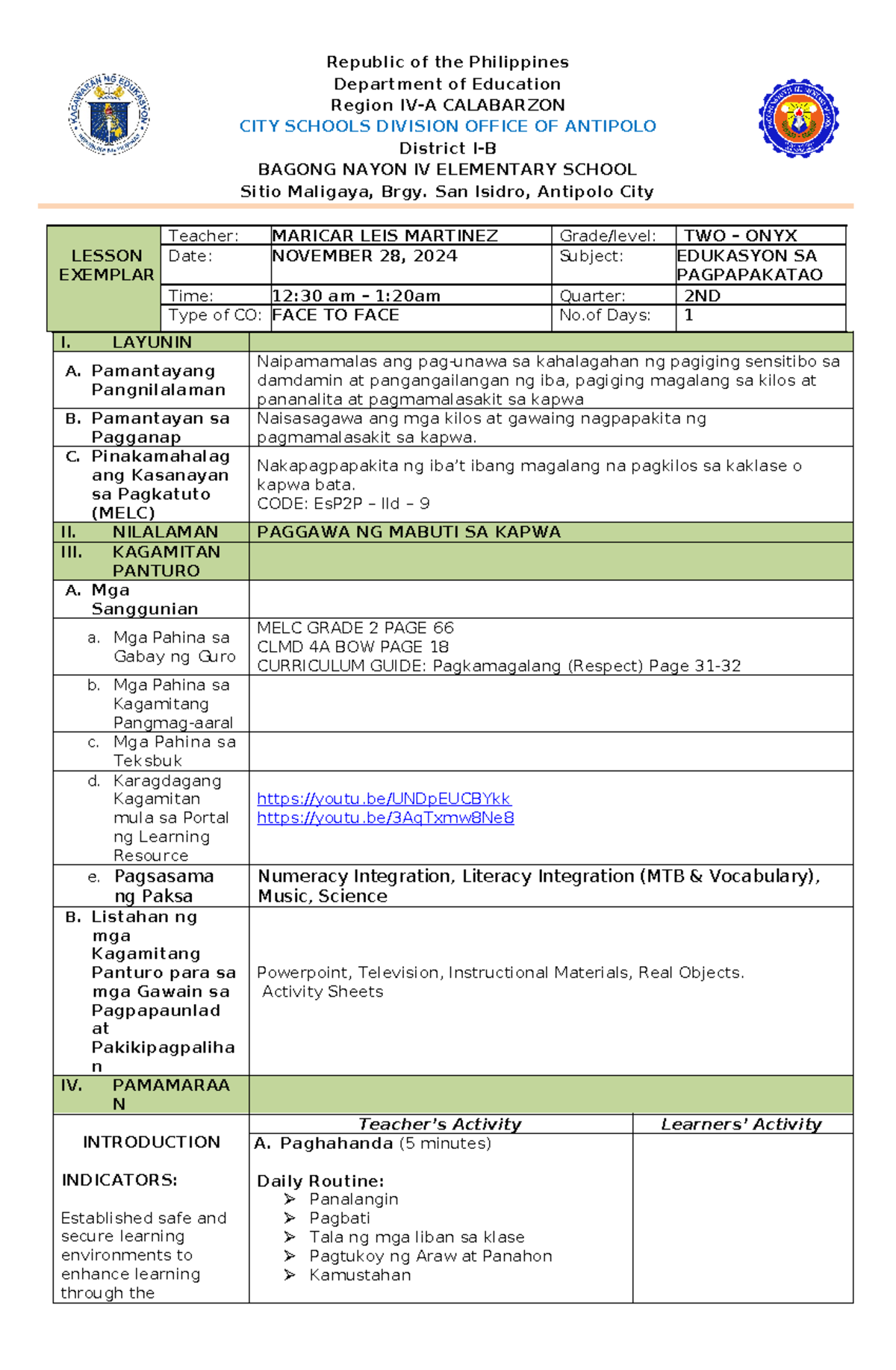 CO2 ESP 2 2023-2024 - LESSON PLAN IN ESP - Republic of the Philippines ...