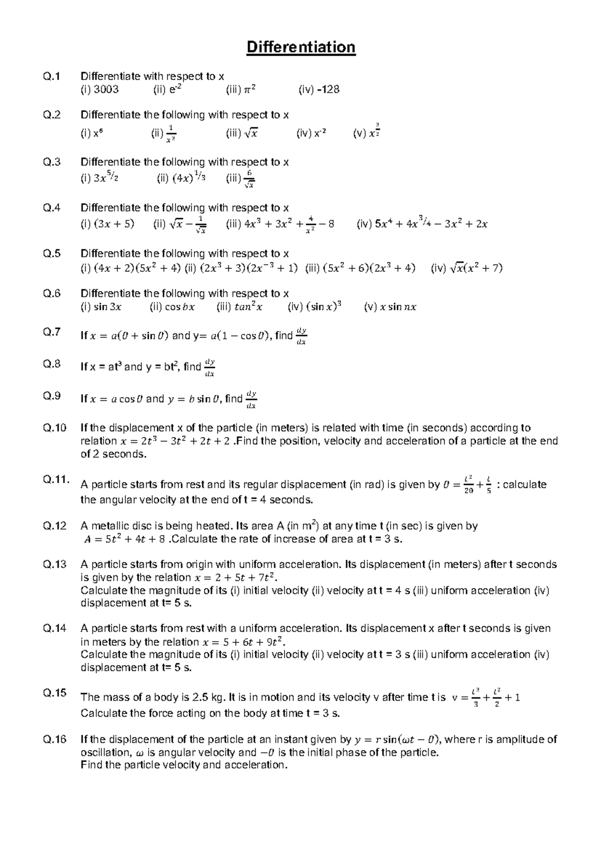 Differentiation Practice Sheet - PHYS 3003 - Studocu