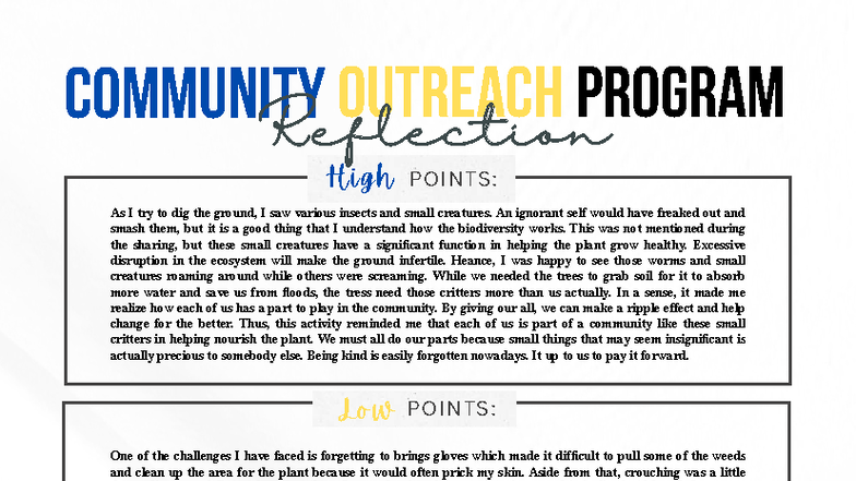 Reflection on COP Initiated Community Outreach Activity - Studocu