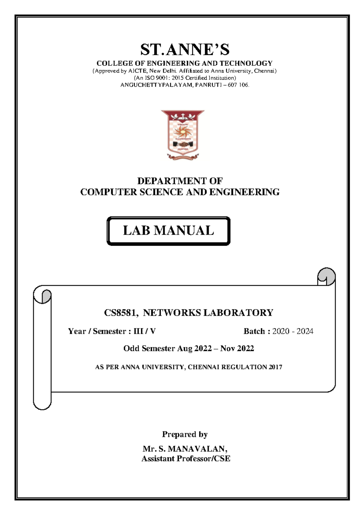 CS8581 - Networks Laboratory Lab Manual and Experiment Guide - Studocu