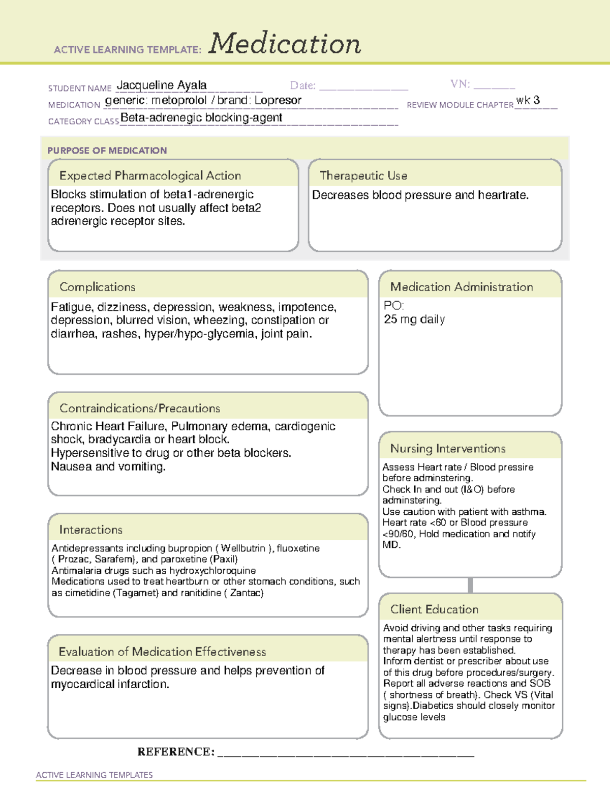 Metoprolol Wk 2 - med card - ACTIVE LEARNING TEMPLATES Medication ...