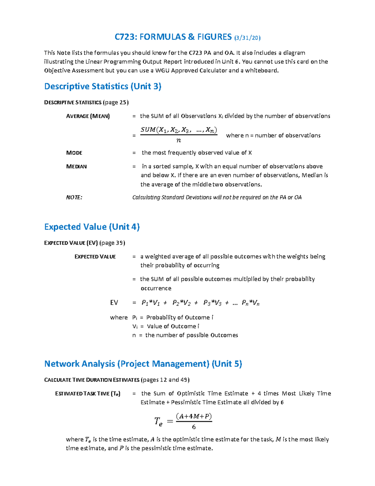 C723: Essential Formulas & Figures for Project Management Analysis ...