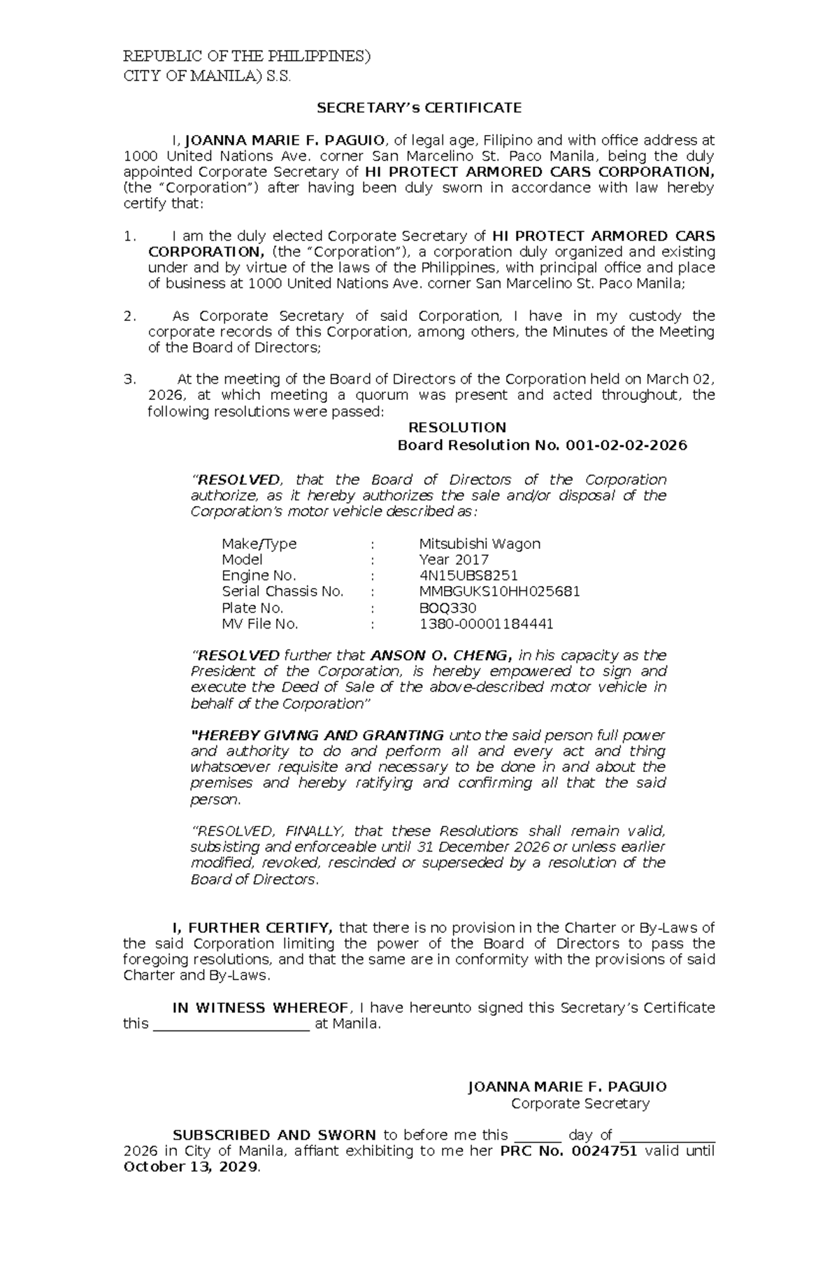 Certificate of Corporate Resolution for Deed of Sale - HI PROTECT ...
