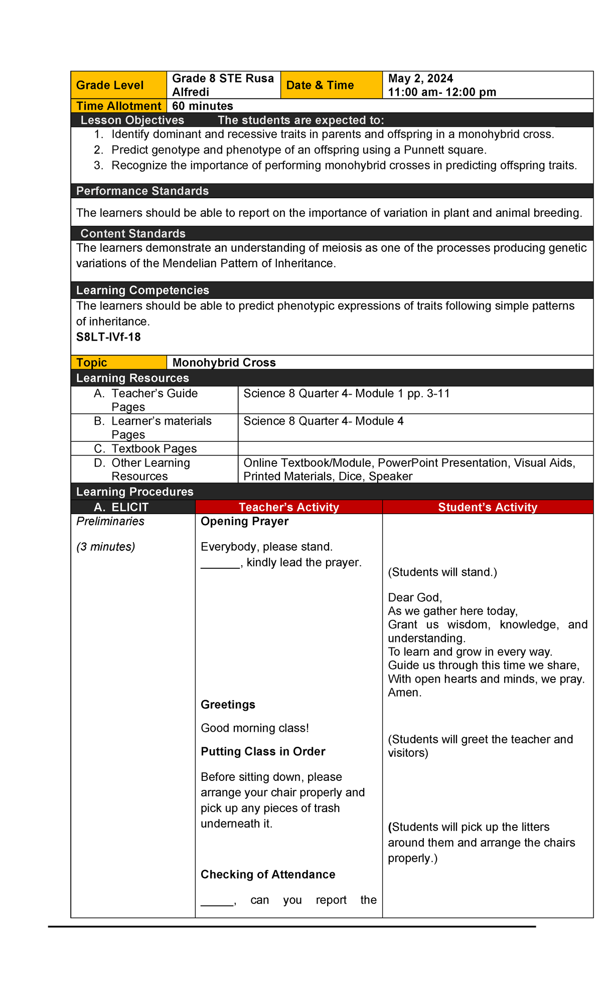 Grade 8 Science Lesson Plan: Monohybrid Cross DLP (S8LT-IVf) - Studocu