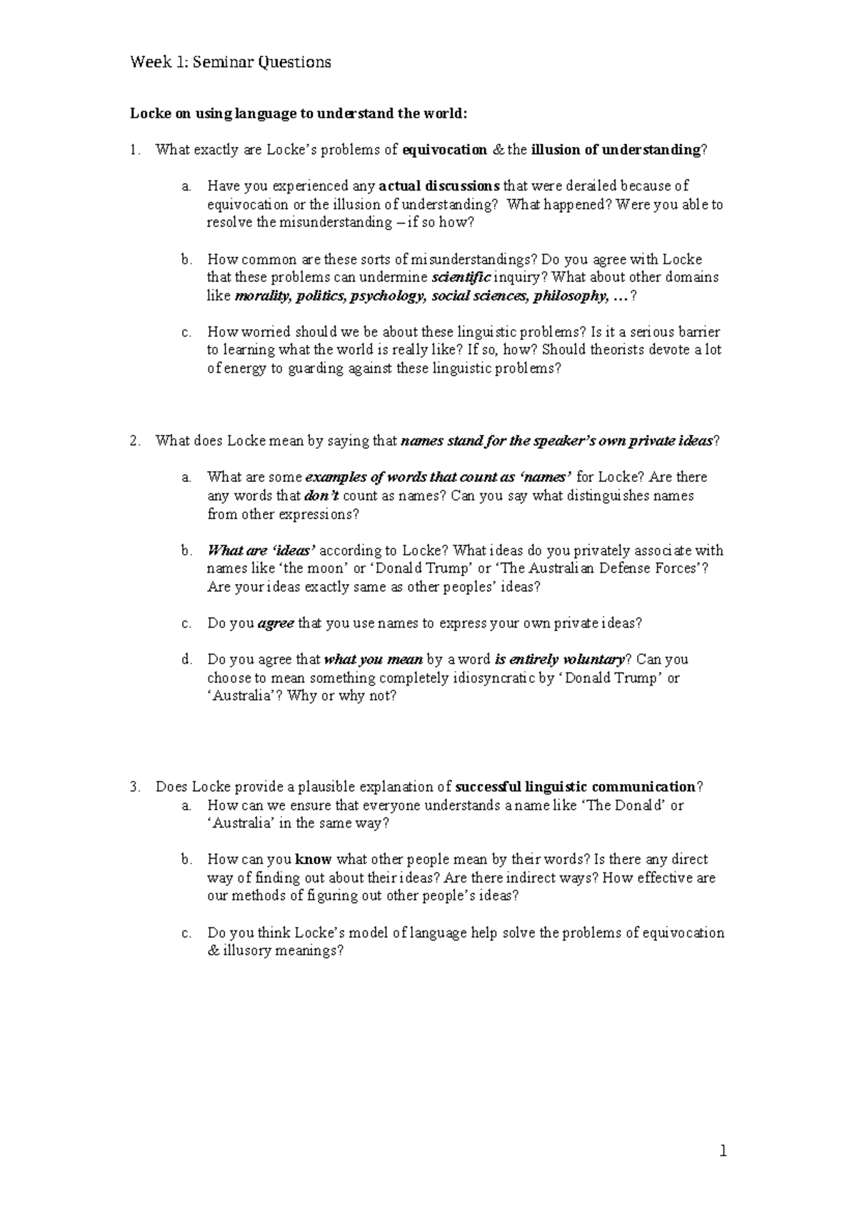 Seminar 1 Questions: Locke on Language & Understanding (2024) - Studocu