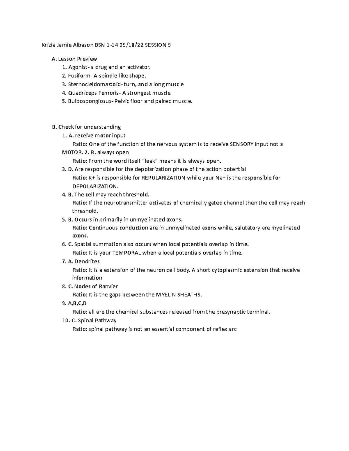 BSN SESSION 9: Anatomy Lesson Notes and Understanding Check - Studocu