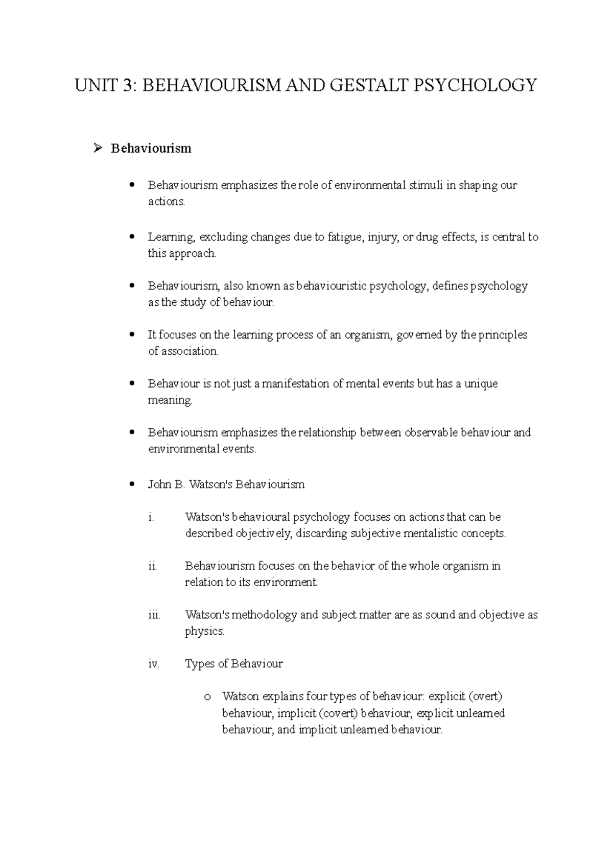 UNIT 3 Behaviourism and Gestalt Psychology - UNIT 3: BEHAVIOURISM AND ...