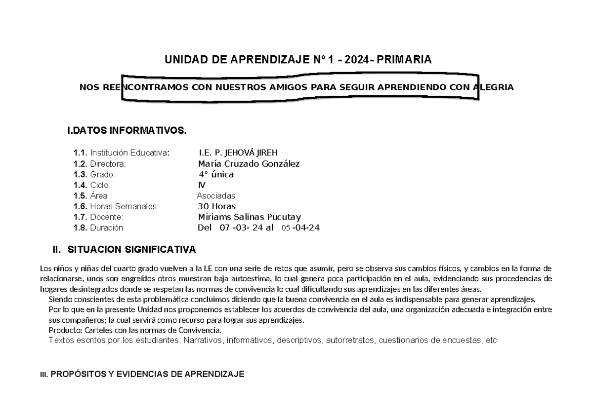 1 Unidad Modelo - UNIDAD DE APRENDIZAJE Nº 1 - 2024- PRIMARIA NOS REENCONTRAMOS CON NUESTROS ...