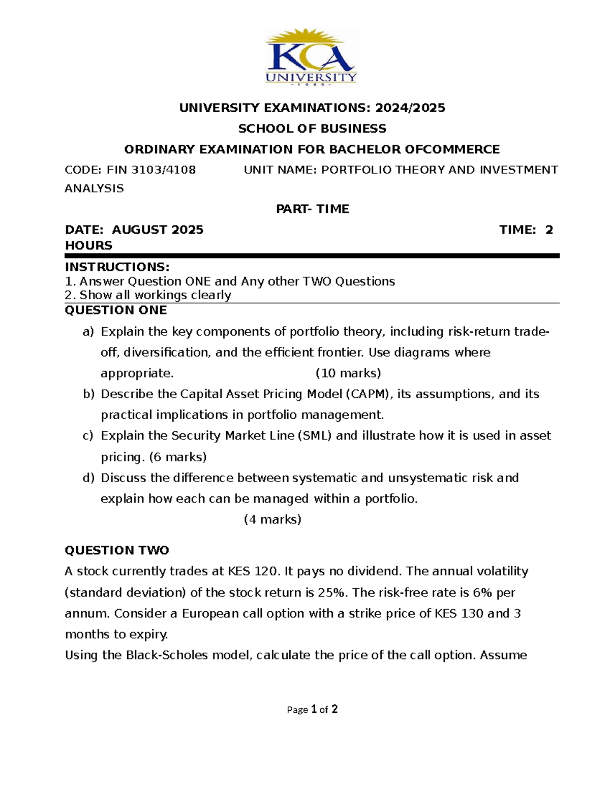 FIN 3208: Portfolio Theory & Investment Analysis Exam - April 2025 ...