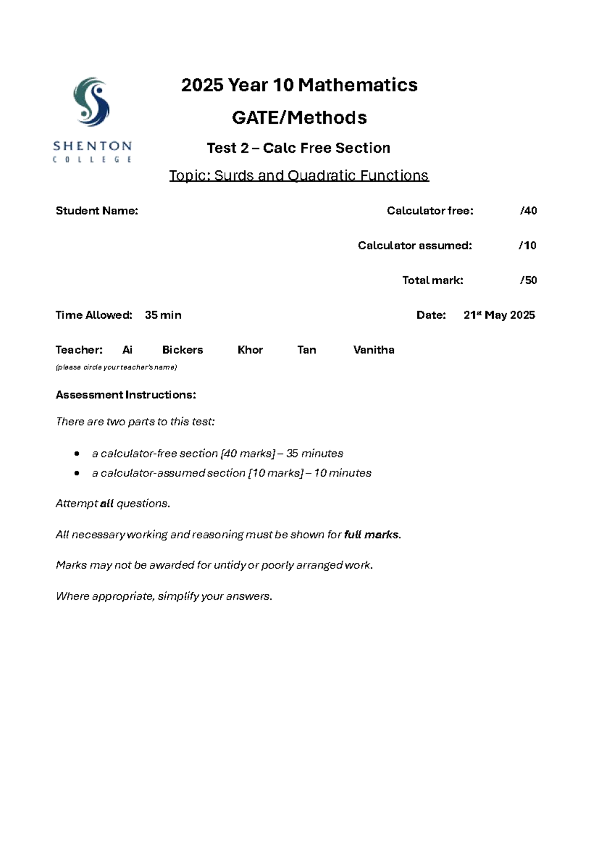 2025 Year 10 Mathematics Test 2: Surds & Quadratic Functions - Studocu