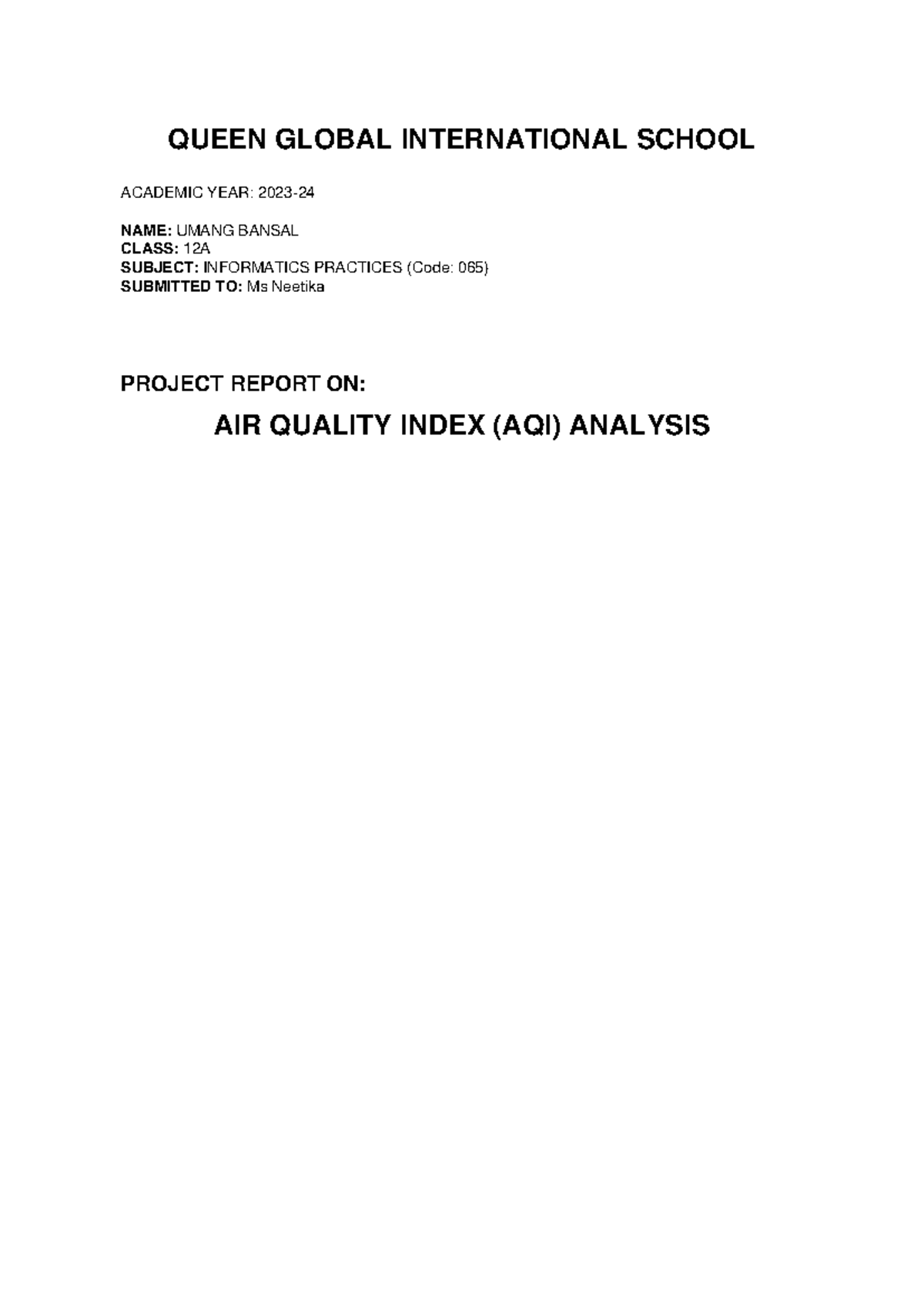 Project Report on Air Quality Index (AQI) Analysis - Class 12A (Code ...