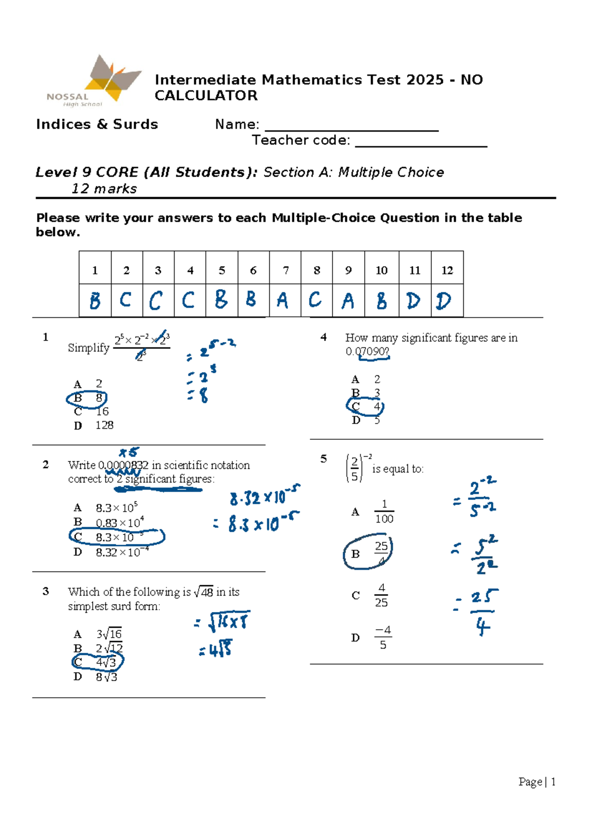 Intermediate Mathematics Test 2025: Surds & Indices (No Calculator ...