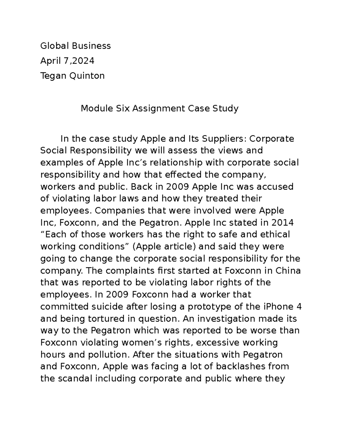 Global Business - INT: Case Study on Apple & Corporate Social ...