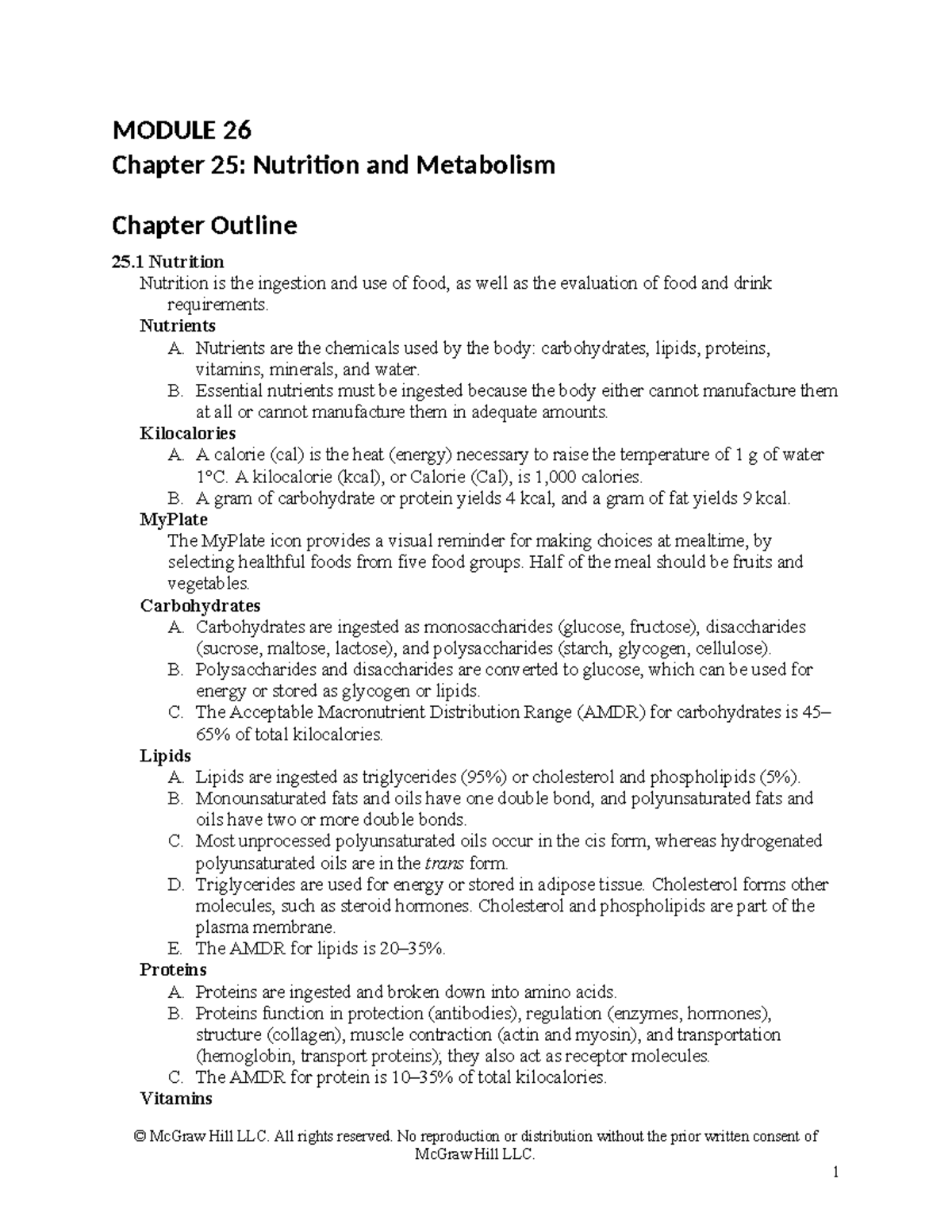 Chapter 25 Outline: Nutrition and Metabolism Overview - Studocu