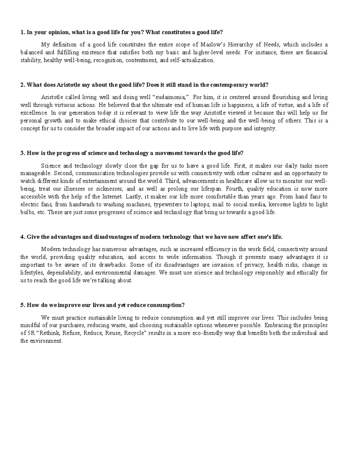 STS Good Life reflection - In your opinion, what is a good life for you ...