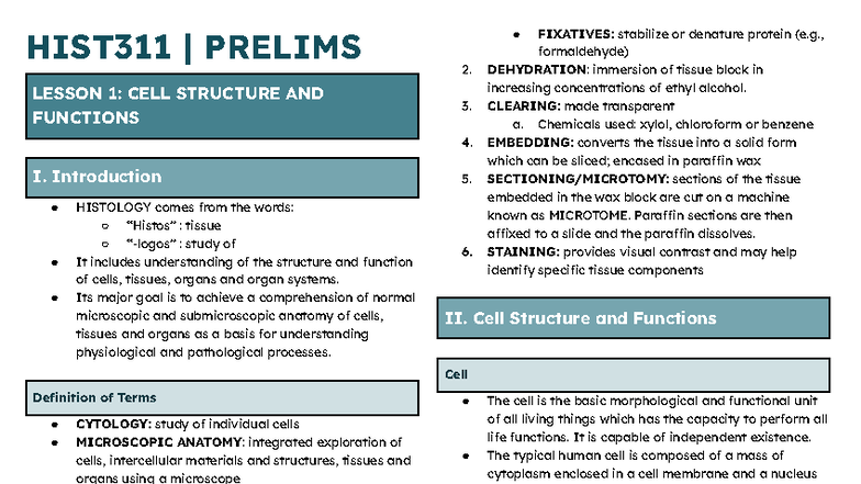 HIST311: Lesson 1 - Cell Structure and Histological Techniques - Studocu