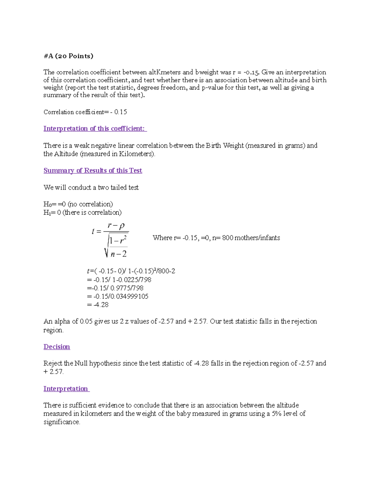 Regression Final - A guide on how to solve important stats problems - #A (20 Points) The ...