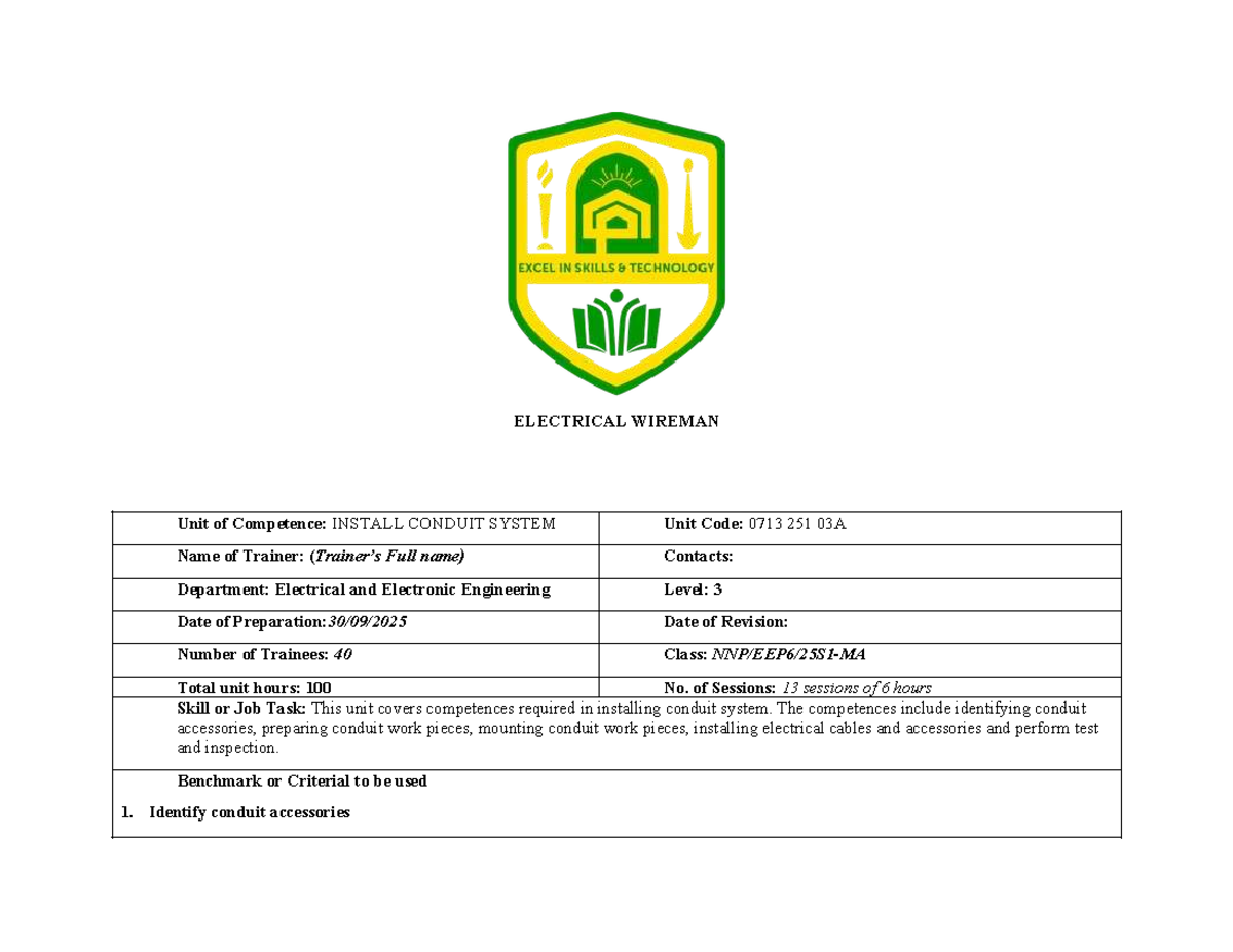 Conduit Systems Installation Learning Plan (0713 251 03A) - Studocu