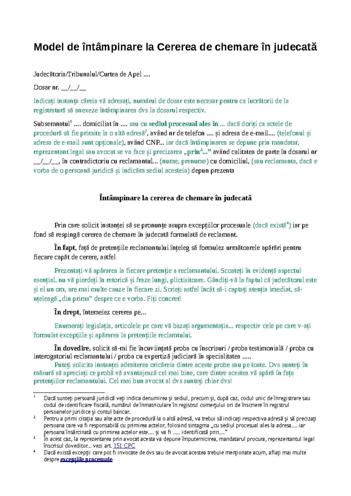 Model Întâmpinare Cerere Chemare în Judecată - Dosar nr. - Studocu