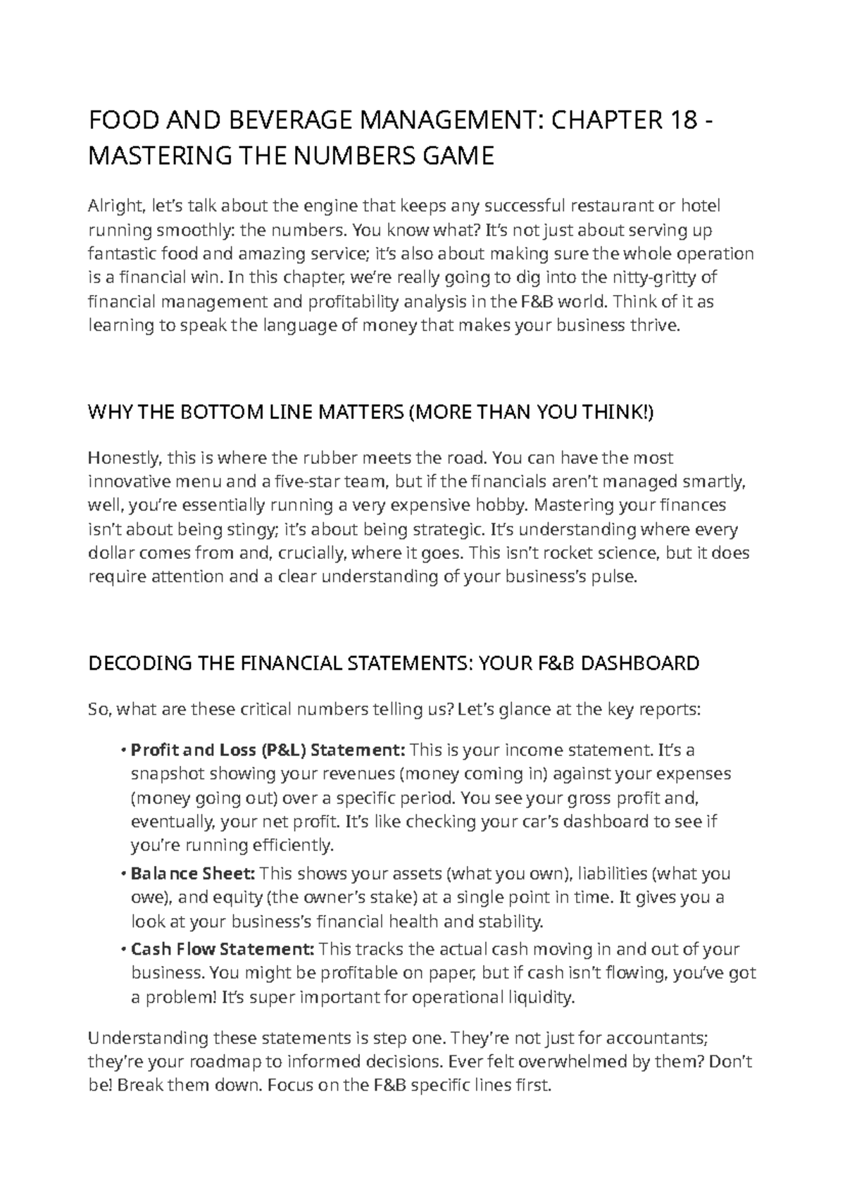 FOOD AND BEVERAGE MANAGEMENT: CHAPTER 18 FINANCIAL MASTERY - Studocu