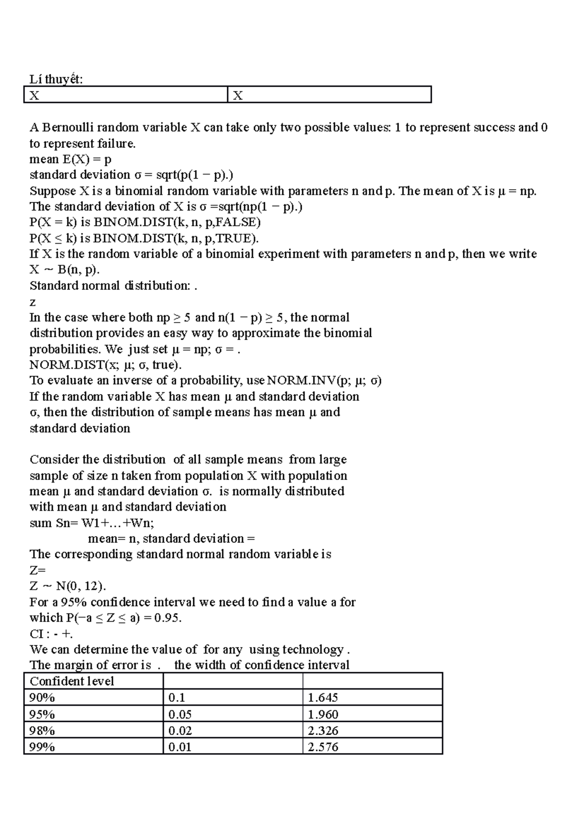 STATISTICS FOR MANAGEMENT AND ECONOMICS - Lí thuyết: X X A Bernoulli ...