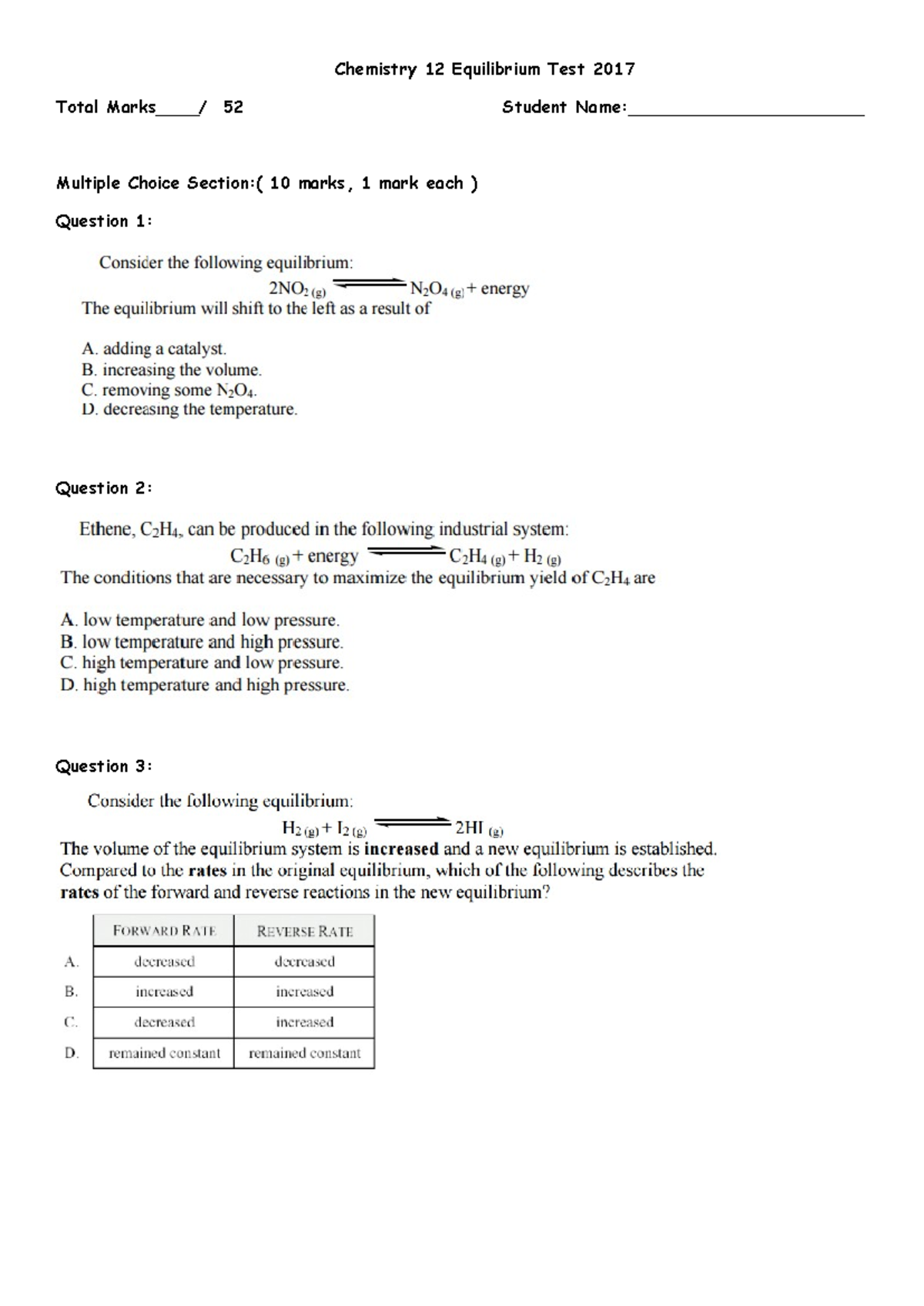 Chemistry 12 Equilibrium Test 2017 - Chemistry 12 Equilibrium Test 2017 ...