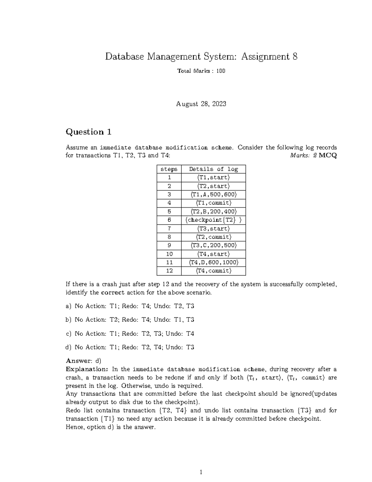 Week 8 Solution - Database Management System: Assignment 8 Total Marks : 100 August 28, 2023 ...