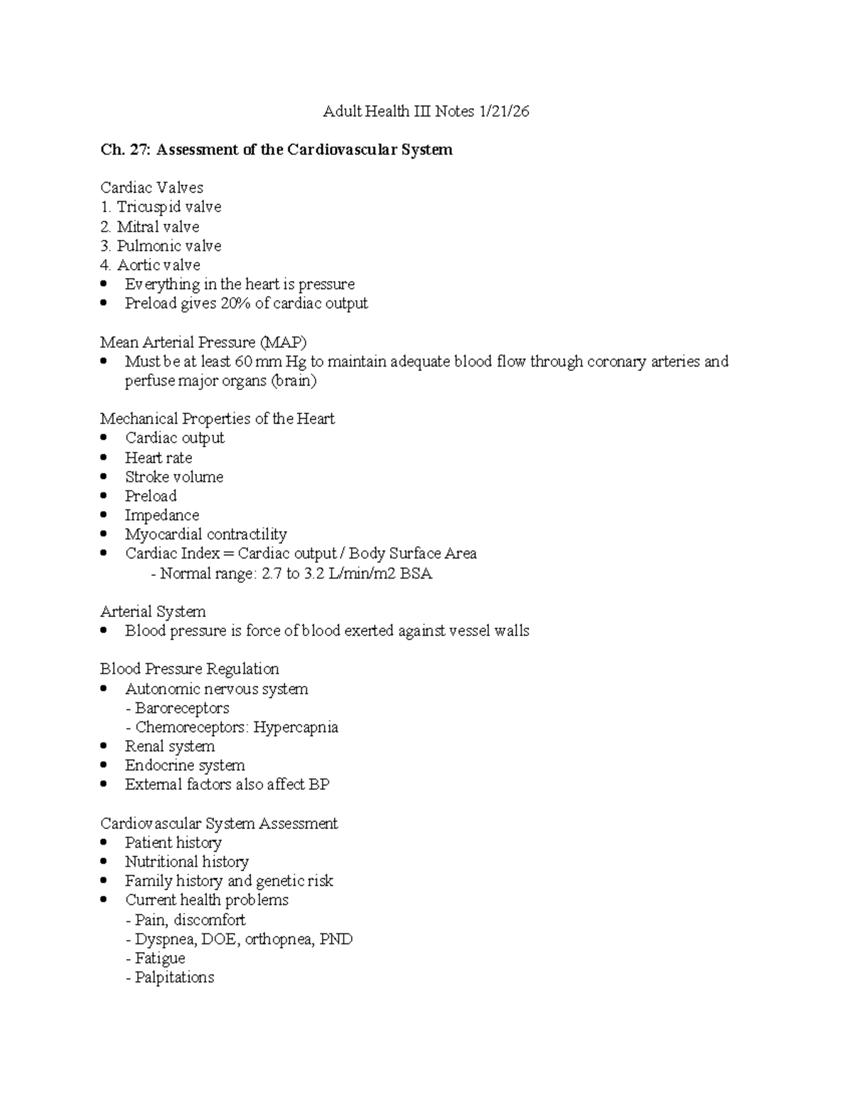 Adult Health III: Cardiovascular System Assessment & Management Notes ...