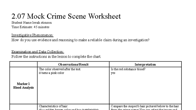2.07 Mock Crime Scene Worksheet: Evidence Analysis & Investigation ...