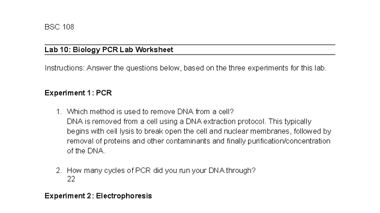 BSC 108 Lab 10: PCR & Electrophoresis Worksheet Instructions - Studocu