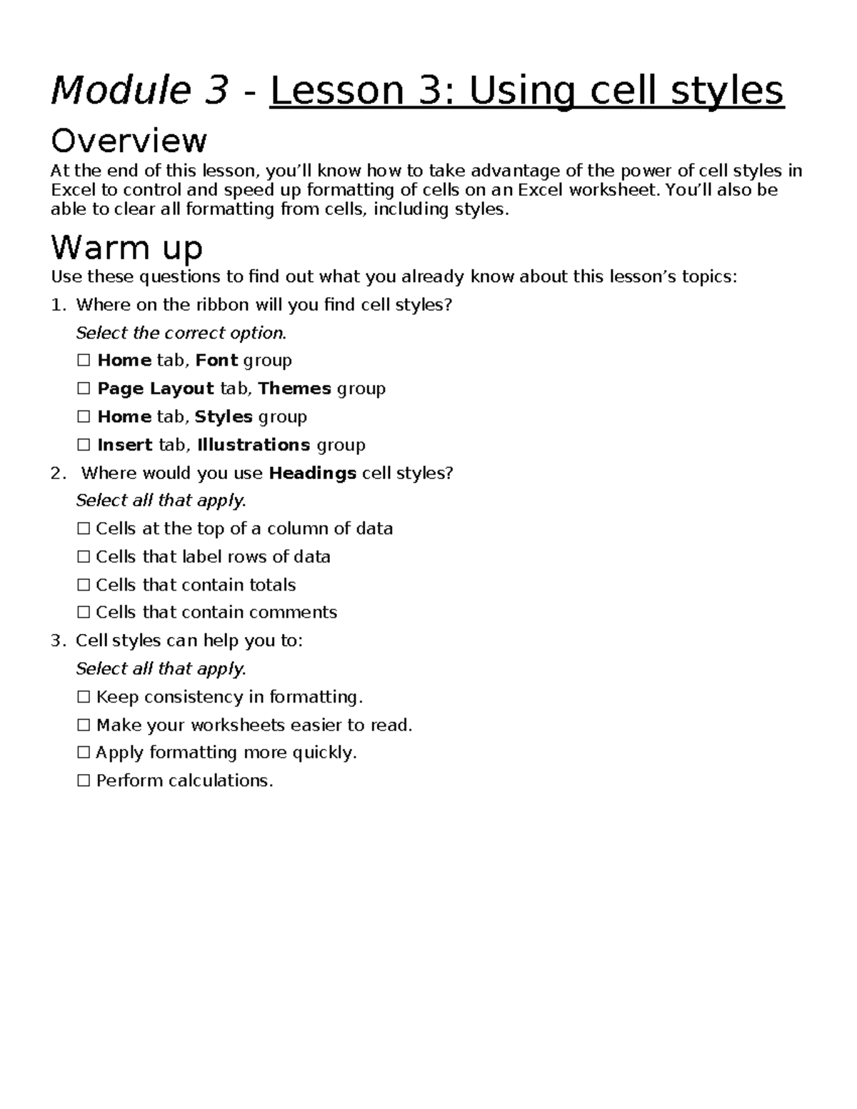 Student Guide M3L3: Mastering Cell Styles in Excel - Studocu