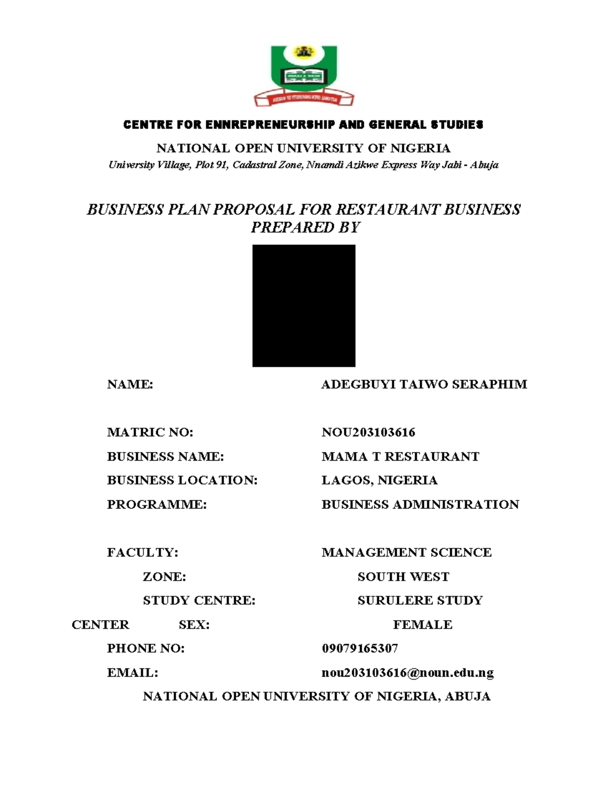 BUSINESS PLAN ON RESTURANT GST302 - CENTRE FOR ENNREPRENEURSHIP AND ...