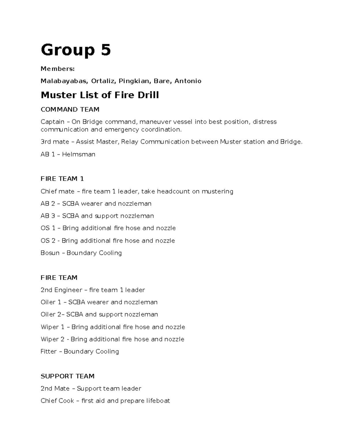 Group 5 Fire Drill Muster List - Command & Fire Teams Overview - Studocu