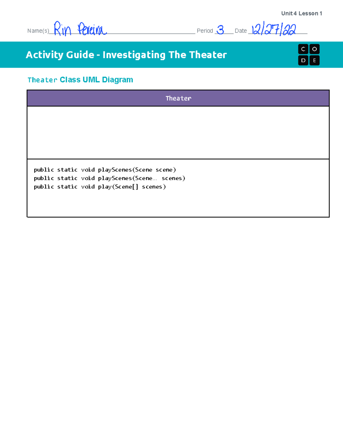 Apcsa - Unit 4 Lesson 1: Investigating the Theater Concepts - Studocu