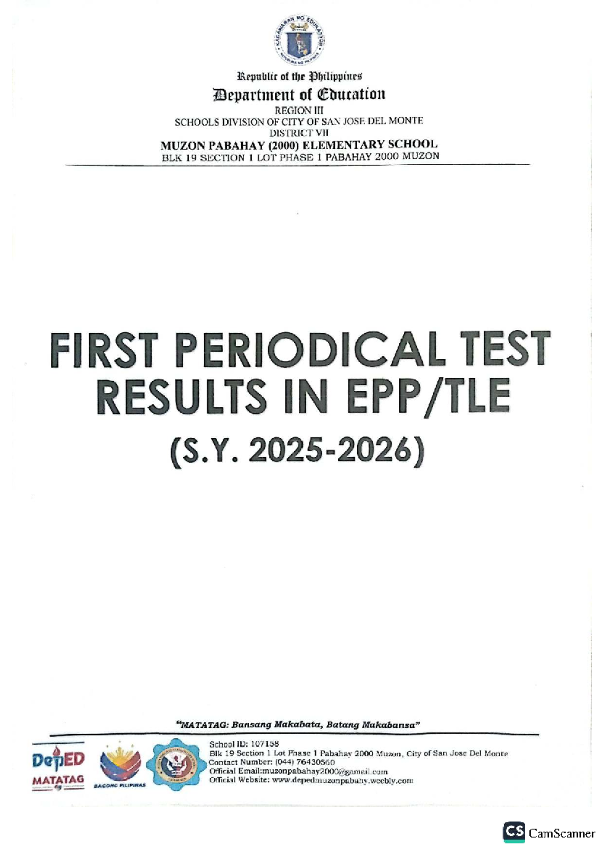 First Periodical Test Results for EPP (Grade IV-VI) - Muzon Pabahay ...