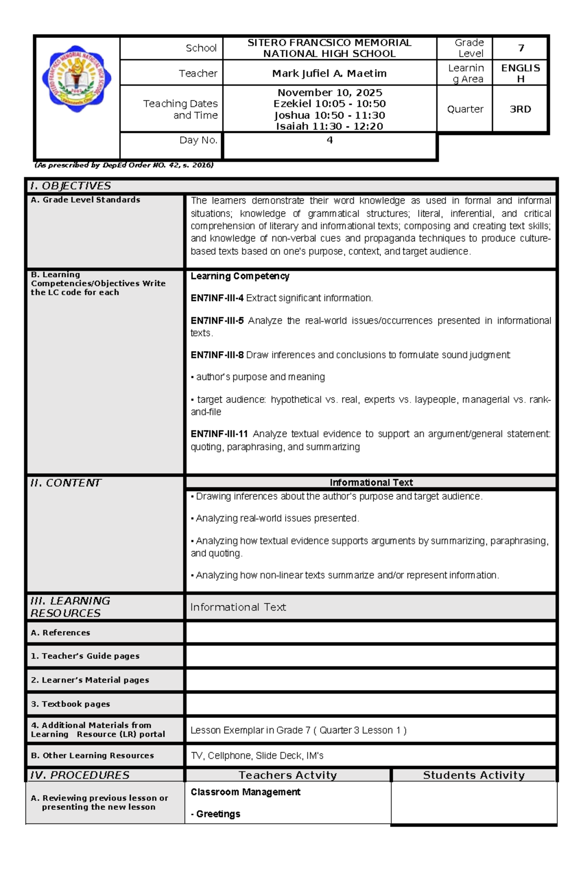 Quarter 3 Week 2 English 7 Lesson Plan and Activities - Studocu