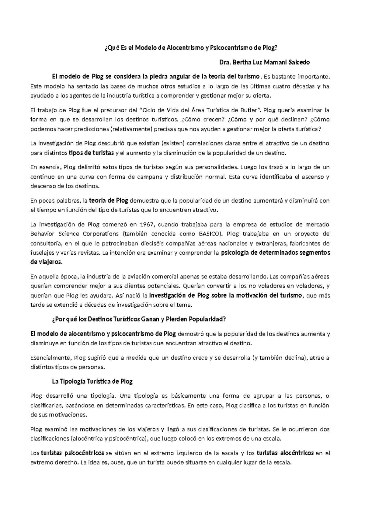 Modelo de Alocentrismo y Psicocentrismo de Plog en Turismo - Studocu
