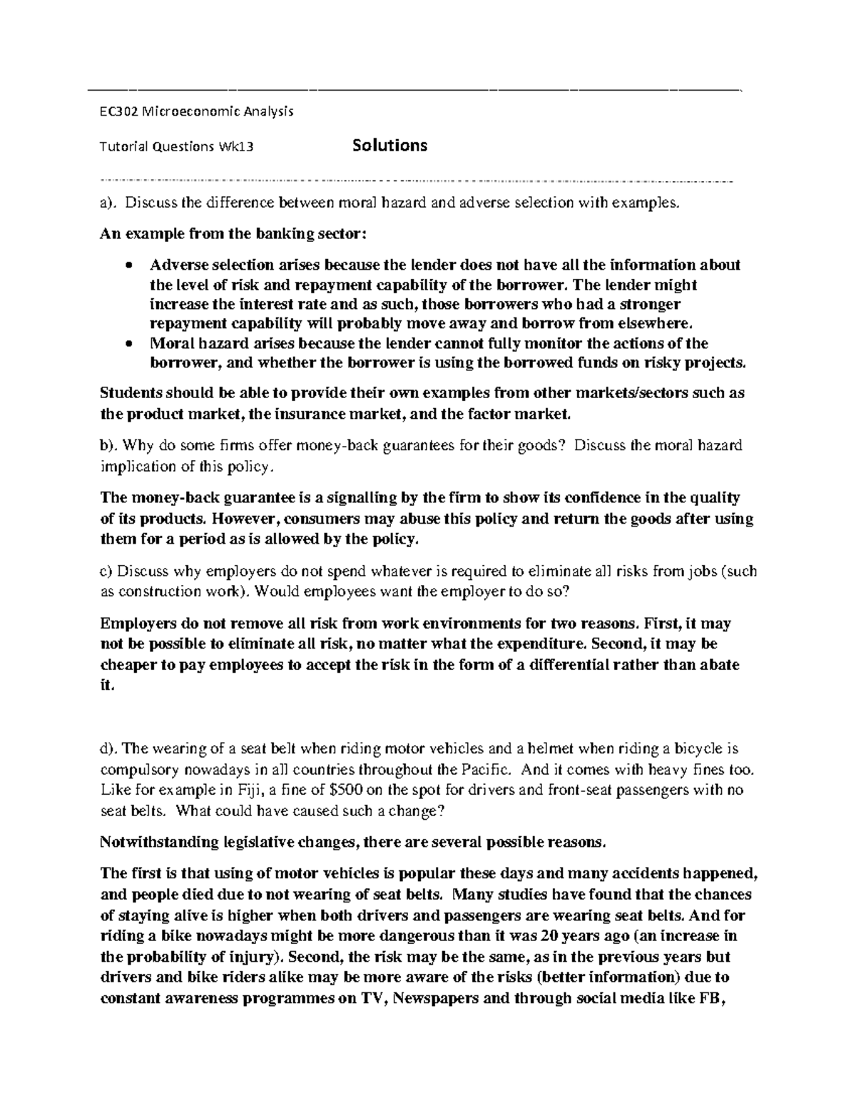 EC302 Turorial Questions Wk13 Solutions - EC302 Microeconomic Analysis Tutorial Questions Wk13 ...